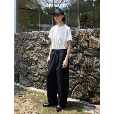 trueidea25夏 日本近江晒布工艺盐缩水洗皱皱棉立裁松紧9分裤