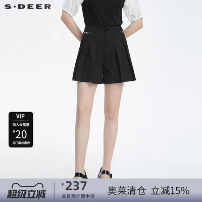 sdeer圣迪奥女装高腰压褶拼接插袋A字短裤S222Z0903
