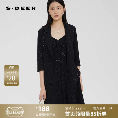 sdeer圣迪奥女装OL风西装领网纱不规则中袖外套S231Z2229