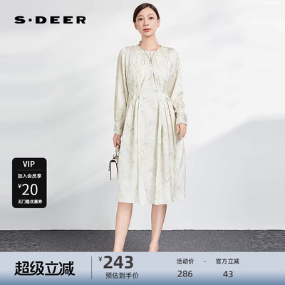 sdeer圣迪奥女装优雅圆领风琴褶收腰印花连衣裙S243Z1297