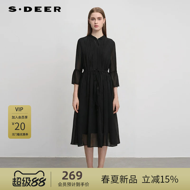 sdeer圣迪奥女装OL风V领风琴褶不规则雪纺连衣裙S242Z12M6