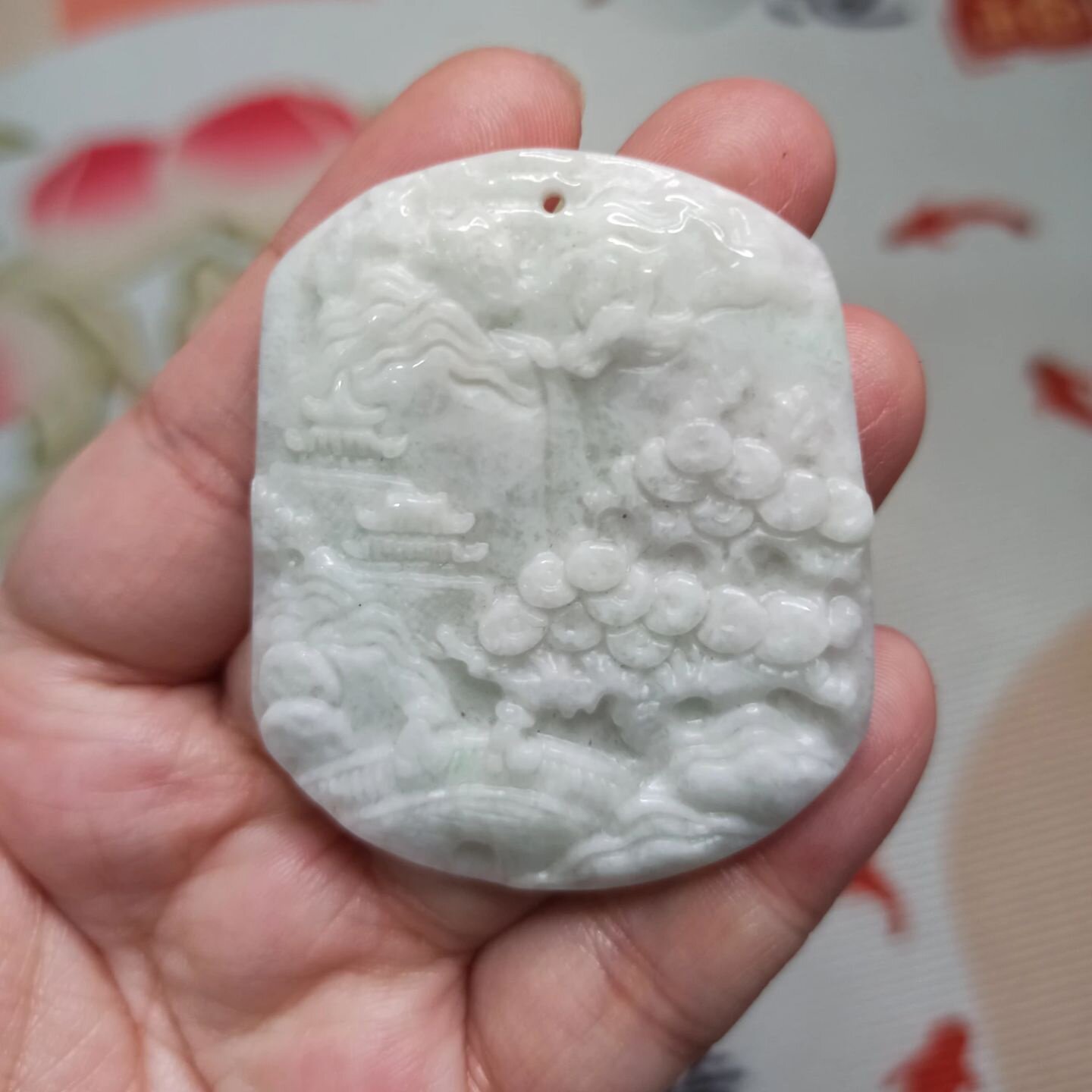 324缅甸天然翡翠吊坠白底山水牌卡52X44mm左右挂件材料满48元包邮
