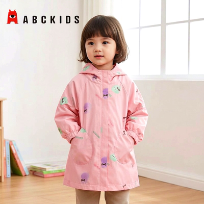 Abckids女童春秋连帽中长风衣