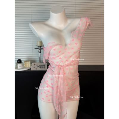 FUNNY KITTEN纯欲睡裙女性感深v透视镂空包臀裙绑带蝴蝶结超短裙