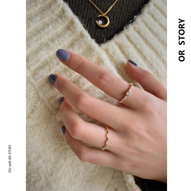 「OR STORY」14k日本agete风叠戴波浪戒指7颗锆钻戒指保色镀金_虎窝淘