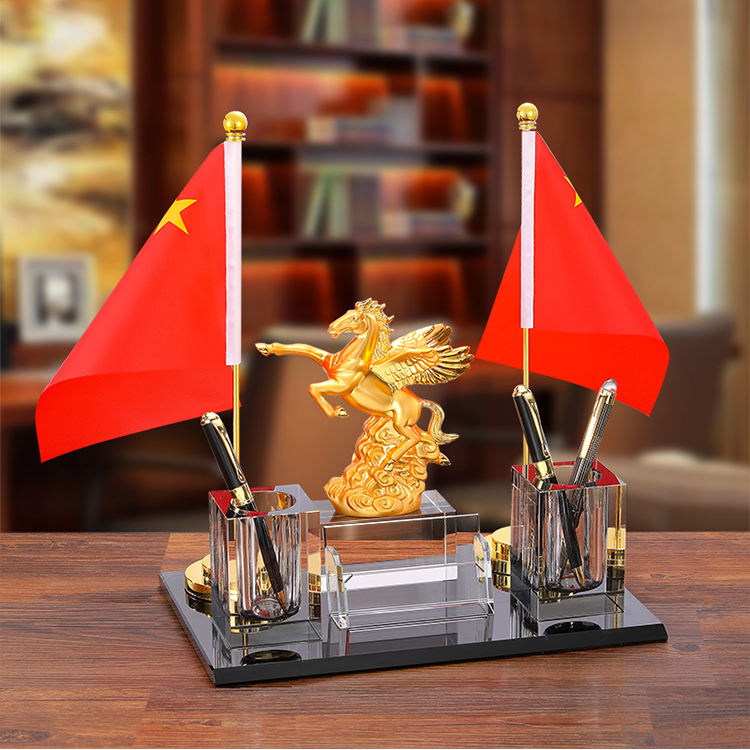 马到成功高档桌面摆件收纳盒简约水晶笔筒轻奢领导办公室装饰乔迁公司活动开业礼品logo刻字定制_虎窝淘