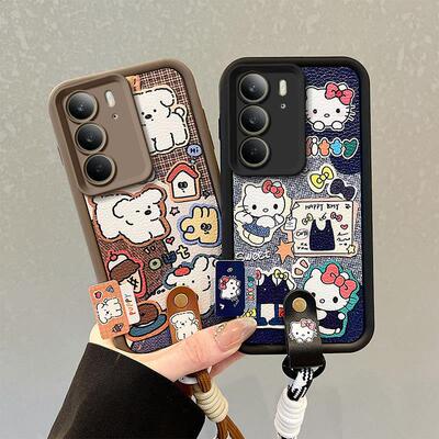 新款手机壳适用REALMEC75手绘Reno12F可爱KT猫OPPO手绳14PRO手机壳C63小狗13保护套