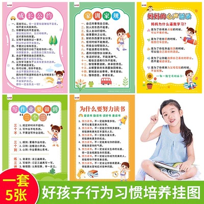 家规家训墙贴全套5张学生励志文化标语加厚PVC挂图好孩子成长公约