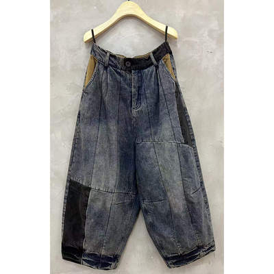 古 澜木-4146新款半松紧拉链拼接牛仔棉裤（长97围142）