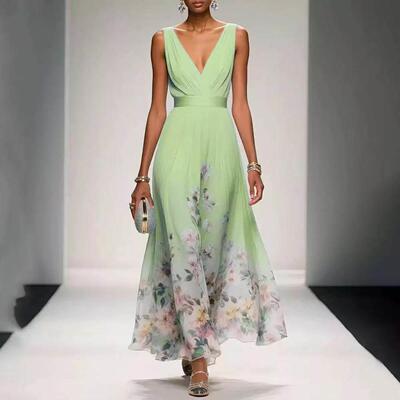 LikeMychoice Elegant Floral Print V-neck Maxi Dress Women's