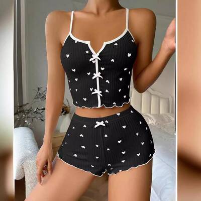 Women's Heart Print Color Blocking Ruffle Trim Sexy Ribbed