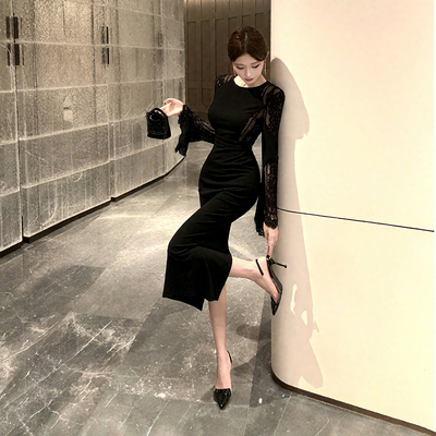 优雅高端精致连衣裙2025秋冬新款蕾丝拼接内搭打底修身黑色中裙女