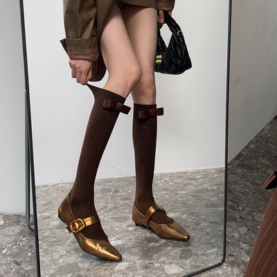 芭蕾风袜口蝴蝶结慵懒及膝小腿袜