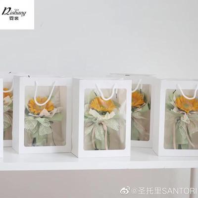 网红橱窗手提袋长方鲜花包装纸袋花束手拎袋透明开窗礼品袋娃娃袋定制