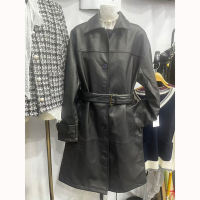 捡漏好质感箱货ST*百搭高智感中长款束腰PU皮衣外套 欧美外贸尾货