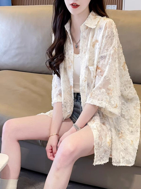 杏色翻领短袖防晒衬衫女夏季欧货轻薄款透气宽松百搭外穿衬衣外套