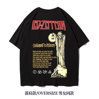 阿美咔叽oversize纯棉重磅落肩五分袖T恤男齐柏林飞艇ledzeppelin