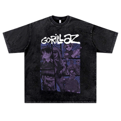 vintage美式复古街头顽童gorillaz英伦摇滚欧美印花宽松短袖T恤男