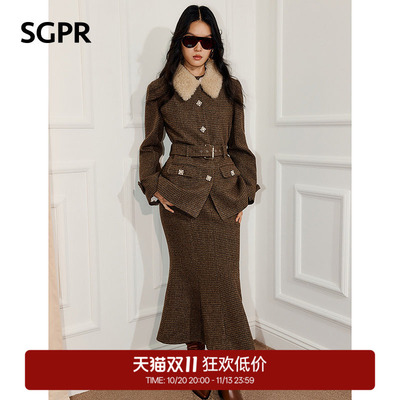 【奥莱】SGPR复古千金格纹羊毛混纺外套通勤穿搭
