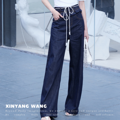 XYW花苞腰抽绳阔腿牛仔裤女复古原色拖地裤X0222
