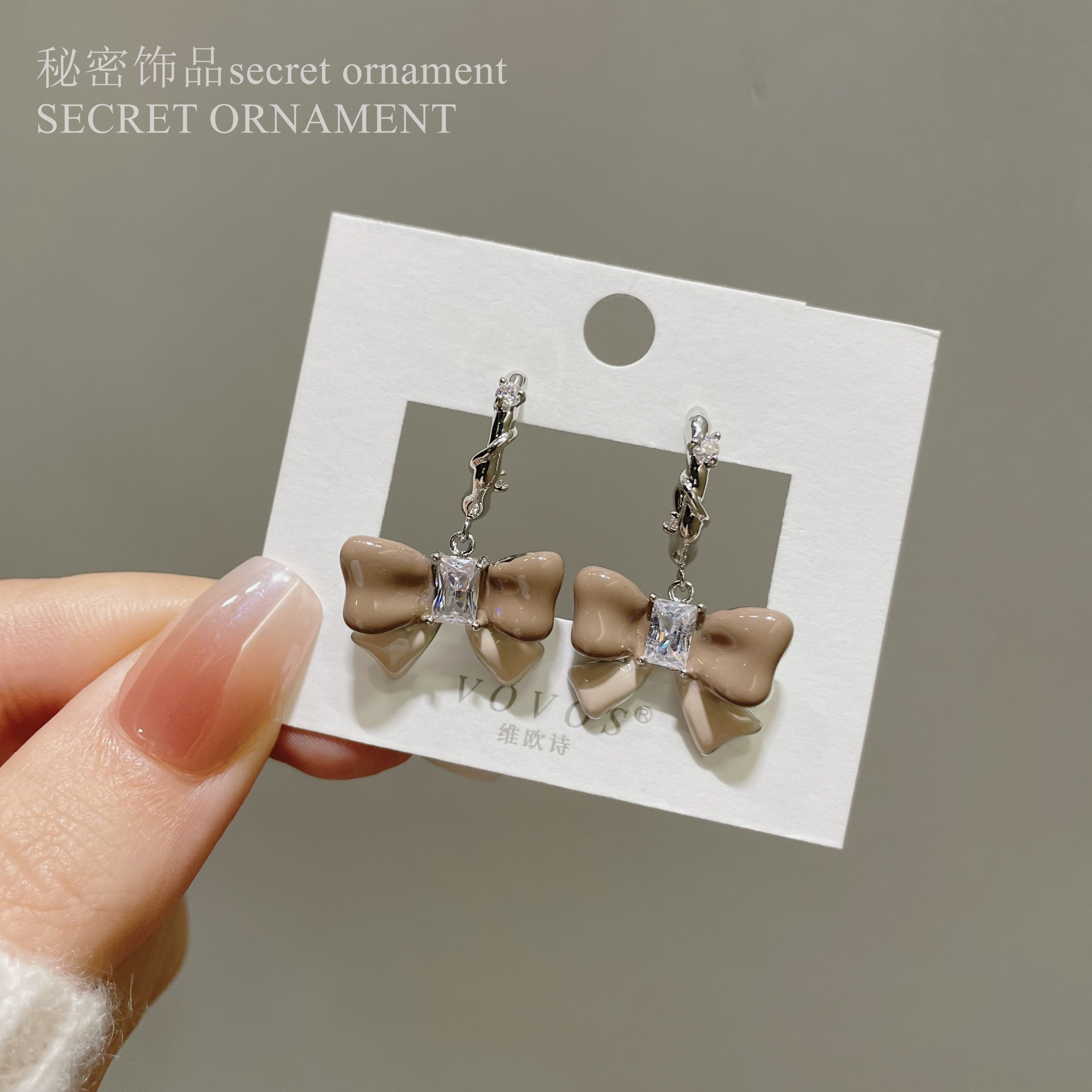 欧比雅比银色蝴蝶结耳环女简约小众镶钻耳饰时尚百搭