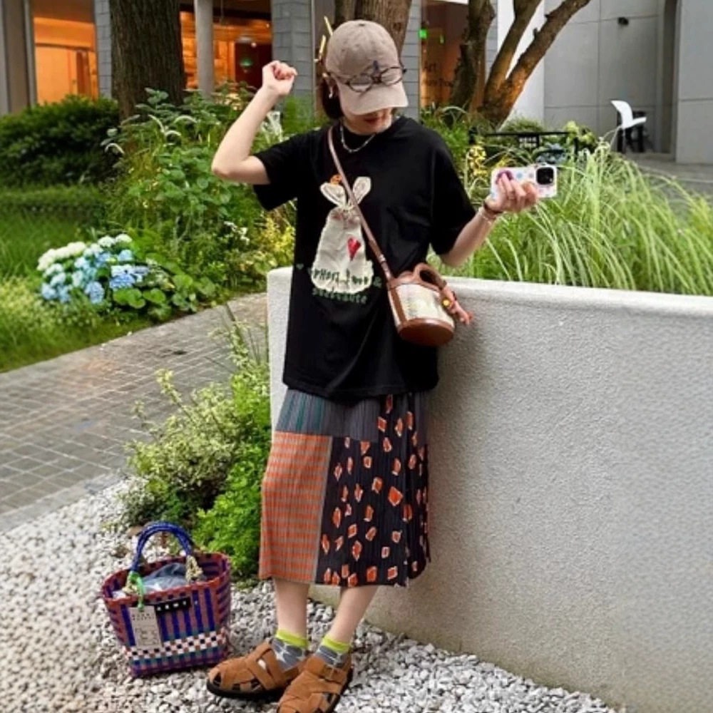高腰拼接百褶半身裙女2026夏季新款百搭垂感遮胯显瘦开叉半身裙子