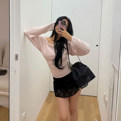 threetimes一字领长袖针织衫女