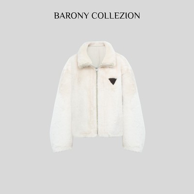 BARONY/86017经典时尚减龄双穿进口美利奴皮草外套皮毛一体