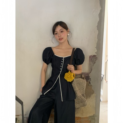 new open 十三行夏天25年夏韩国chic复古撞色牛仔方领泡泡袖衬衣