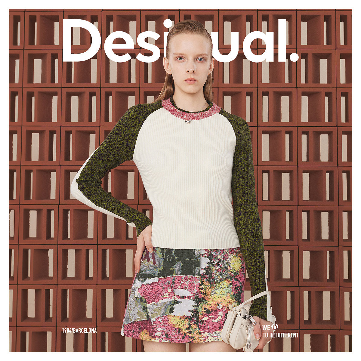 Desigual 宽松撞色拼接提花圆领插肩长袖女士针织衫