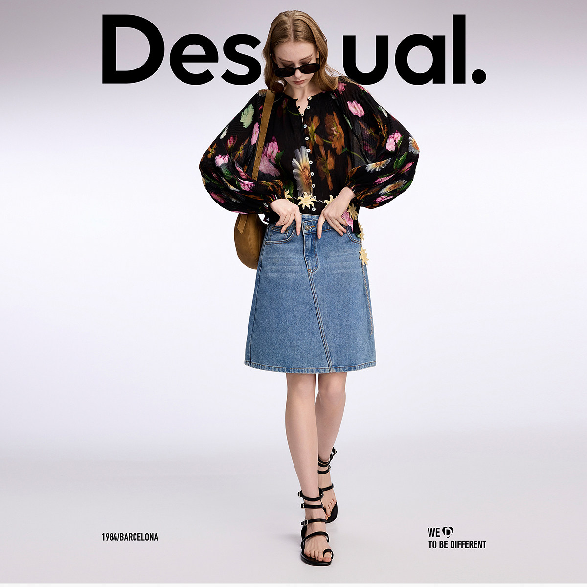 Desigual牛仔水洗拔印斜门襟半截裙