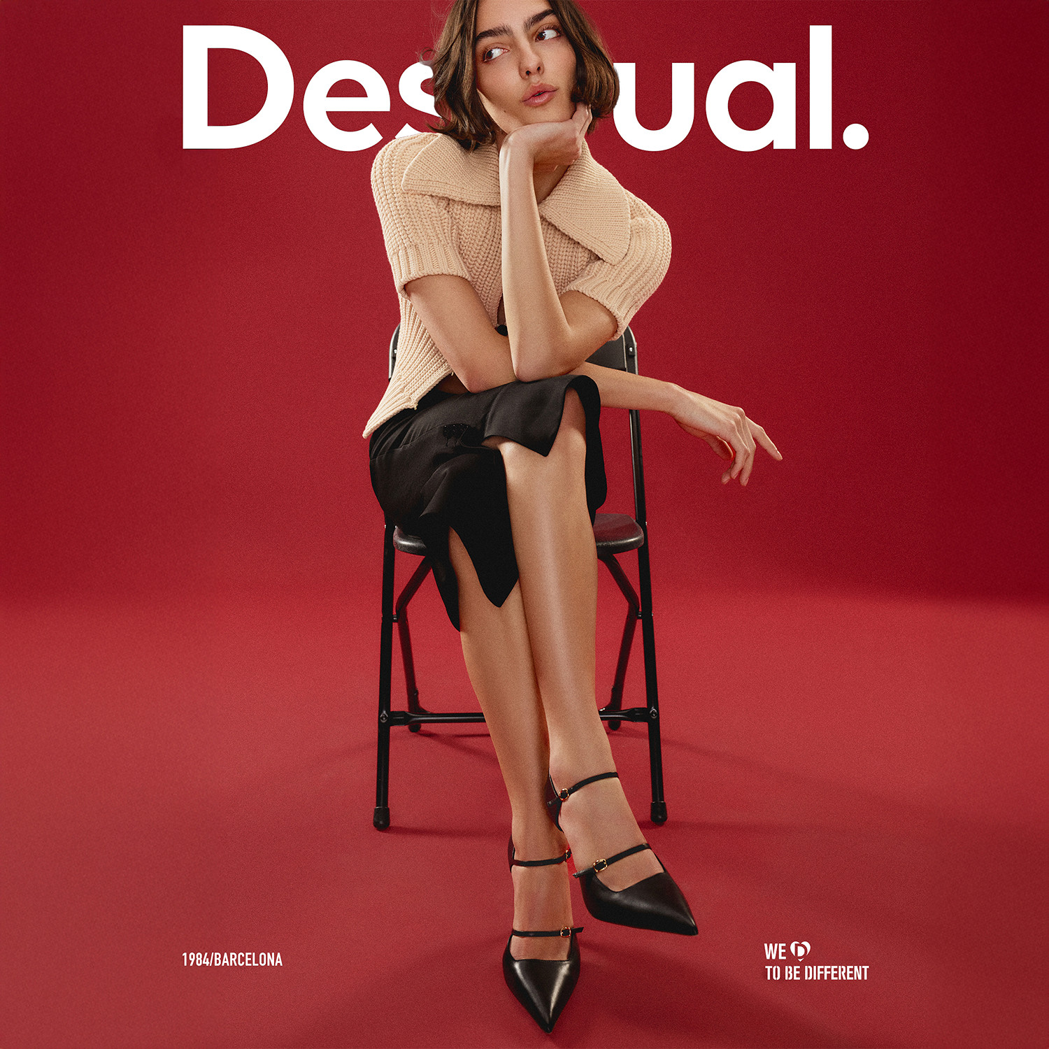 Desigual【Egonlab联名】米白粗针翻领短袖针织衫开衫