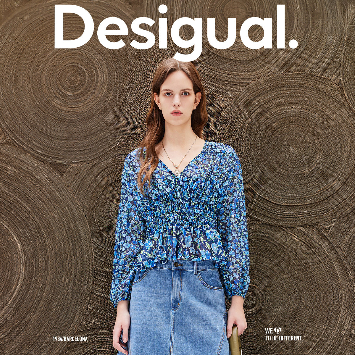 Desigual  碎花印花V领收腰9分袖女士上衣衬衫