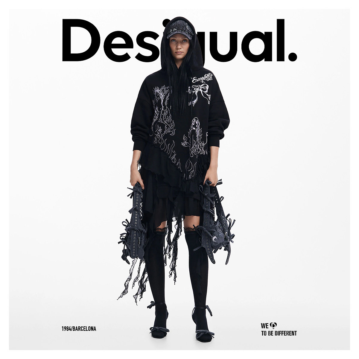 Desigual【MARIA ESCOTE联名】印花烫钻蕾丝拼接连衣裙