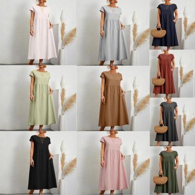 Sleeveless cotton and linen pocket women's dress