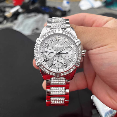 正品Guess女士手表盖斯银色不锈钢带镶钻三眼计时休闲防水石英表