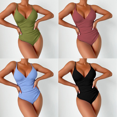 Solid-color one-piece swimsuit Conservative bikini沙滩泳衣女