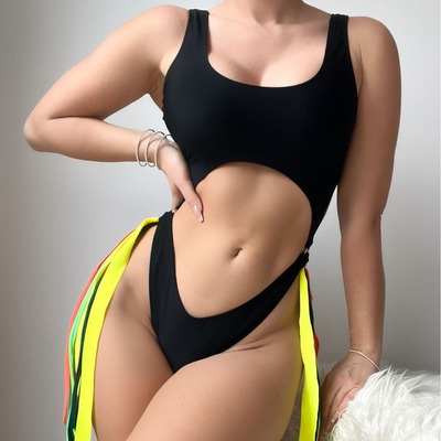 Conjoined body Hollow out Bikini一件式连体彩带镂空性感2438女