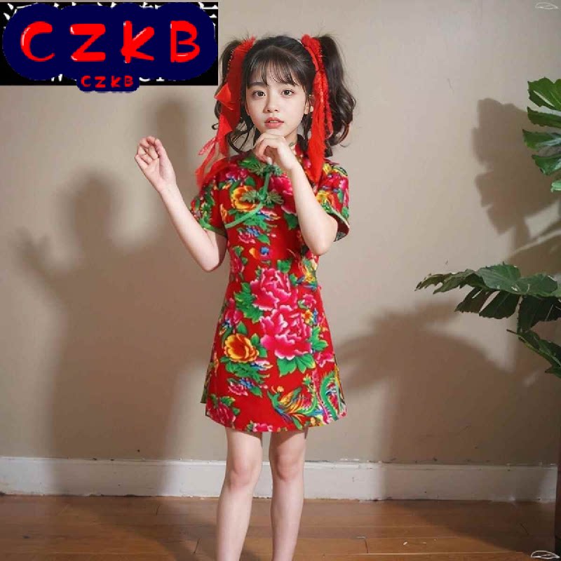 六一新款女童旗袍中国风古筝演出旗袍复古东北大花布修身走秀旗袍