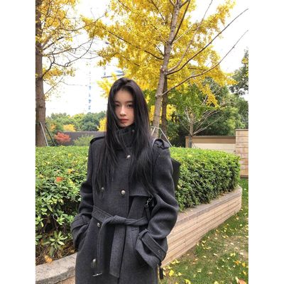 韩系气质千金大小姐感立领系带呢子大衣女2025秋冬新款显瘦厚外套