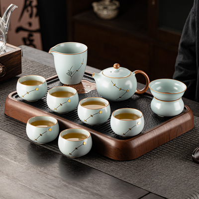 天青汝窑功夫茶具套装家用高端陶瓷金边梅花纹泡茶壶茶杯2025新款