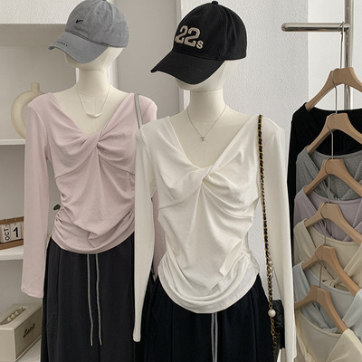 欧玛莱 设计感扭结V领褶皱收腰显瘦纯色长袖打底衫T恤上衣女 6251