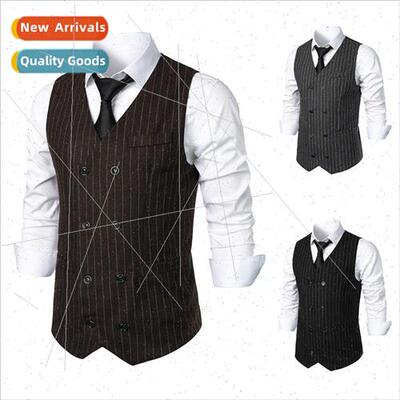 Men 2023 spring new temperament double-breasted striped su v