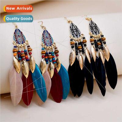 Nepal bohemian summer long tassel feather earrings retro geo
