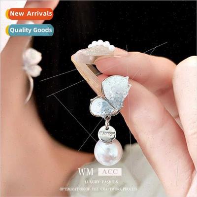 lver needle zirconia butterfly pearl asymmetric tassel earri