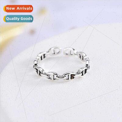 S925 lver Korea mple Day Chain Open Ring Vintage Old Crafted
