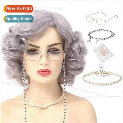 Granny wig set oldladywig gray short curly hair female cos e