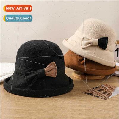 bow tweed basin cap female Korean fashion rolled edge hundre