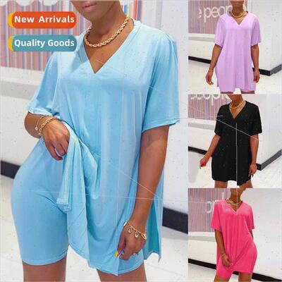 Summer Two Piece Set Women Clothes Casual V-Neck Short Sleev