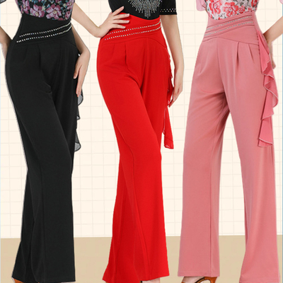 新款高腰镶钻飘带直筒裤女